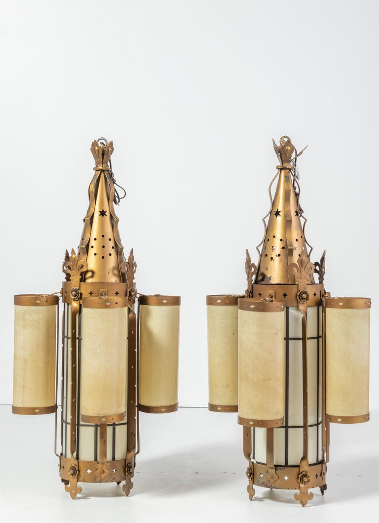Pair of Vintage Church Pendants in Brass and Glass For Sale at 1stDibs