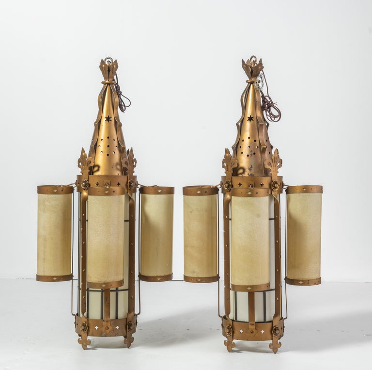 Pair of Vintage Church Pendants in Brass and Glass For Sale at 1stDibs