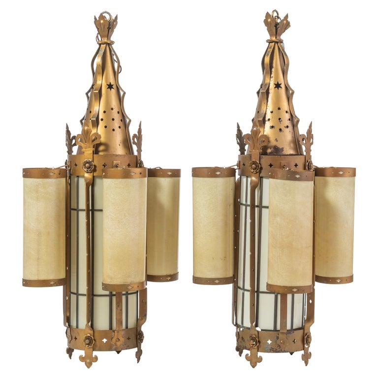 Pair of Vintage Church Pendants in Brass and Glass For Sale at 1stDibs