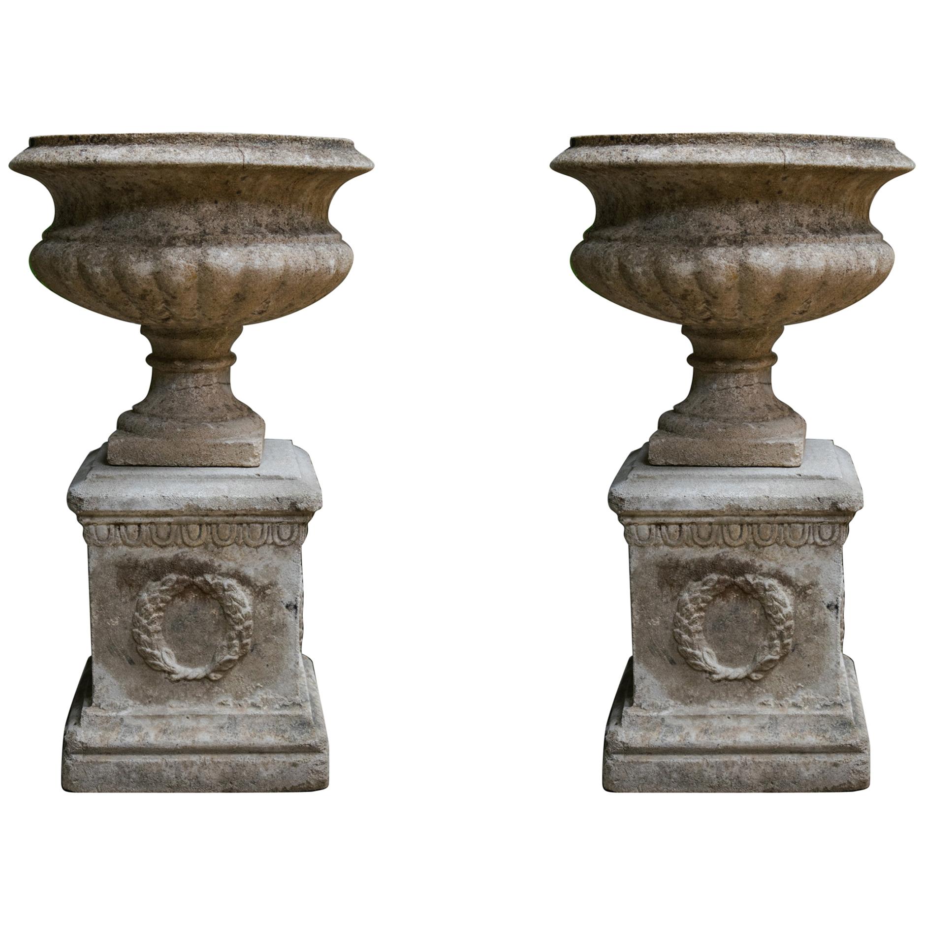 Early Vintage Iron Urns on Plinths 'Pair' For Sale at 1stDibs