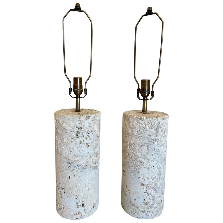Pair of Vintage Coquina Stone / Key Stone Base Cylindrical Table Lamps ...