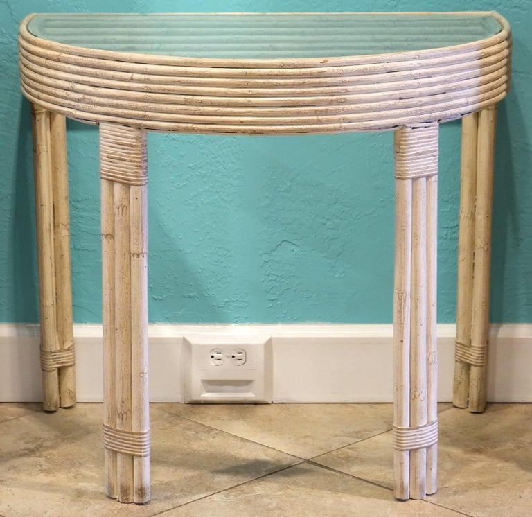 Pair of Vintage Crespi Style Painted Bamboo and Reed Glass Top Console ...