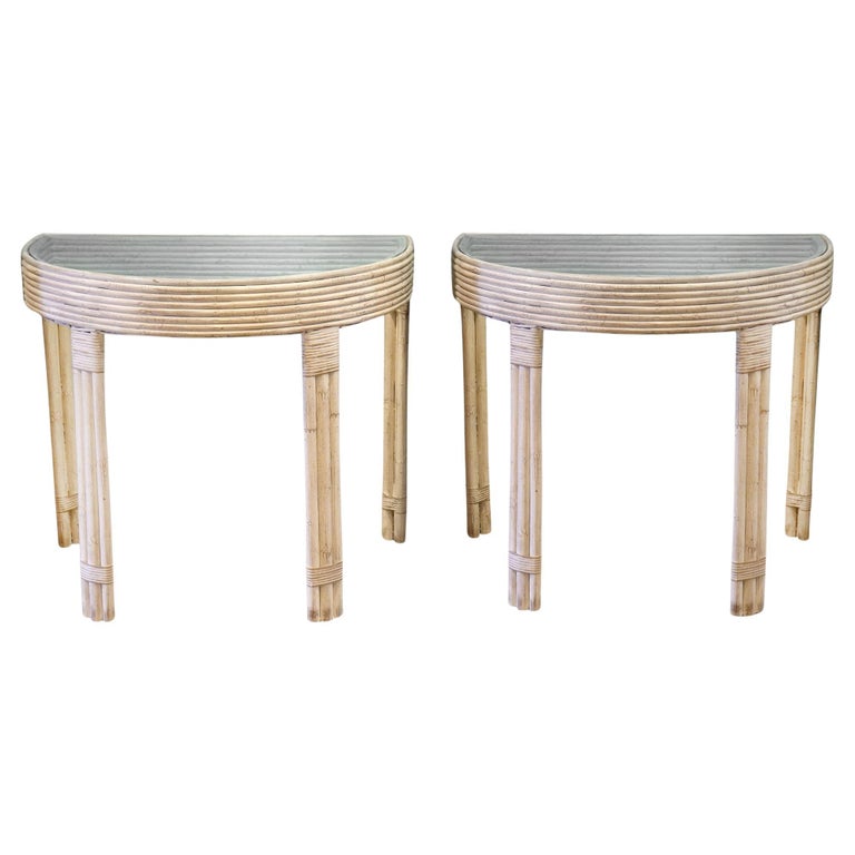 Pair of Vintage Crespi Style Painted Bamboo and Reed Glass Top Console ...