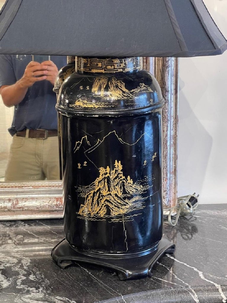 Pair of Vintage English Paper Mache' Tea Can Lamps For Sale at 1stDibs