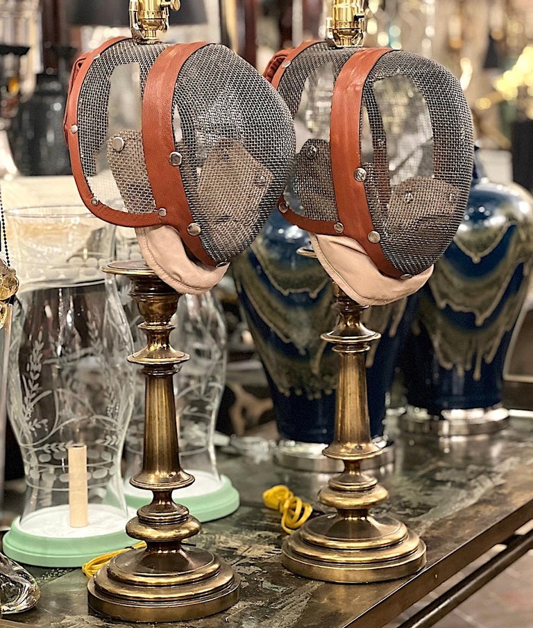 Pair of Vintage Fencing Mask Lamps For Sale at 1stDibs
