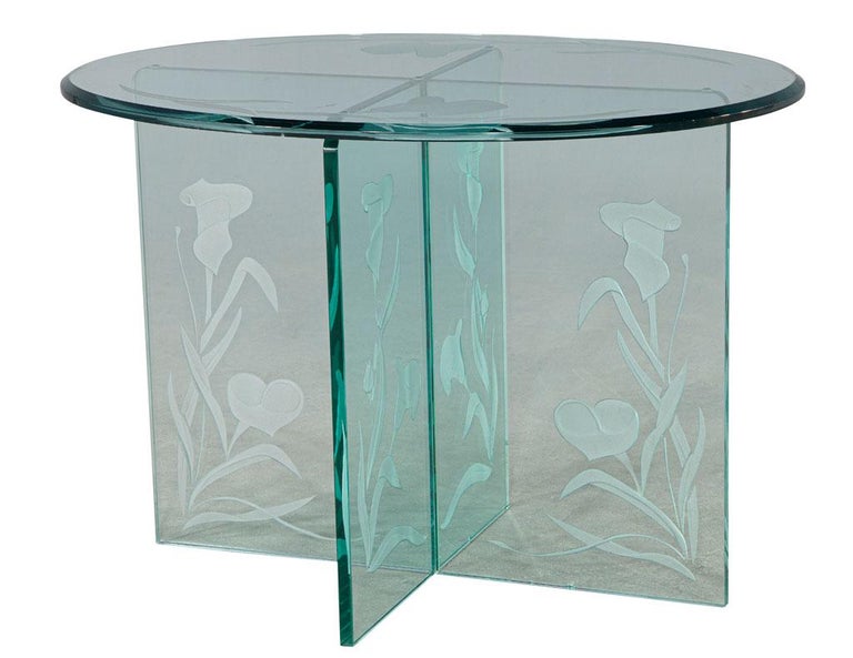 Pair of Vintage Floral Etched Glass Oval End Tables For Sale at 1stDibs