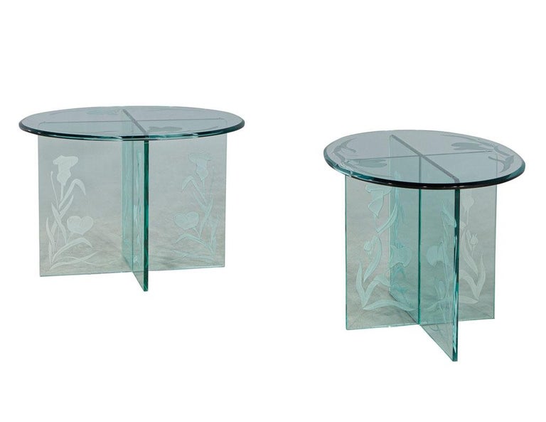 Pair of Vintage Floral Etched Glass Oval End Tables For Sale at 1stDibs