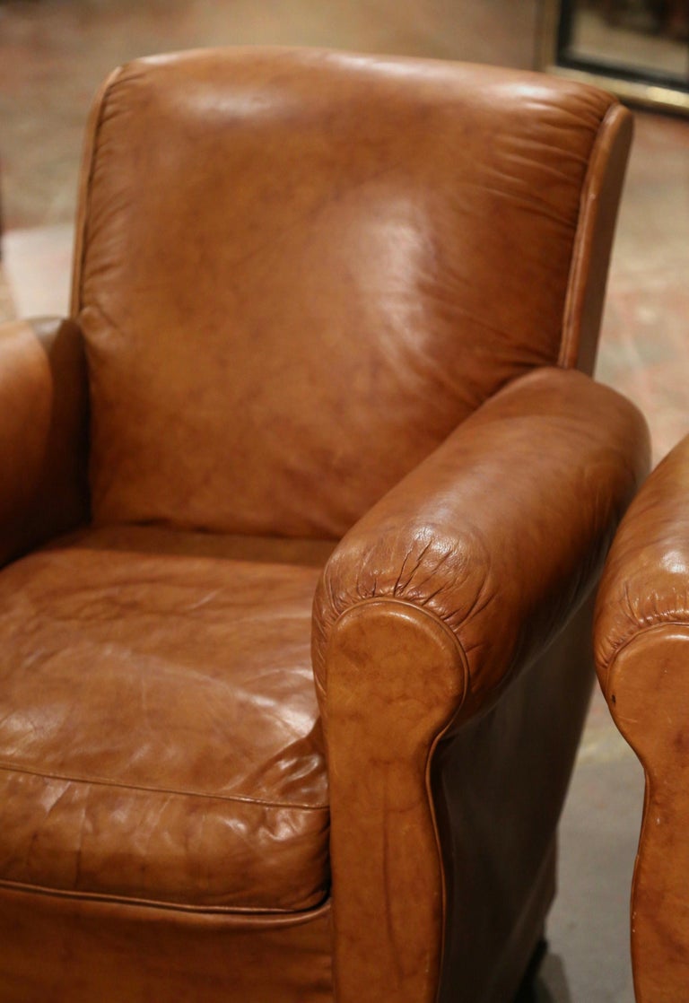 Pair of Vintage French Art Deco Patinated Tan Leather Club Armchairs ...