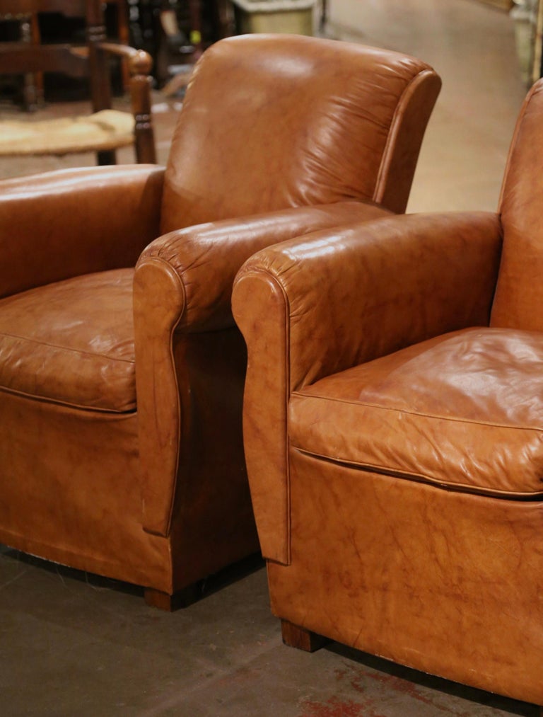 Pair of Vintage French Art Deco Patinated Tan Leather Club Armchairs ...