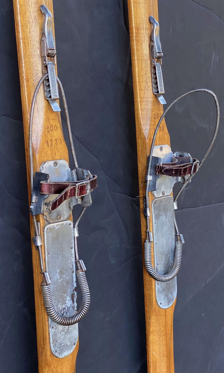 Pair of Vintage French Wooden Skis with Bamboo Skiing Poles at 1stDibs ...