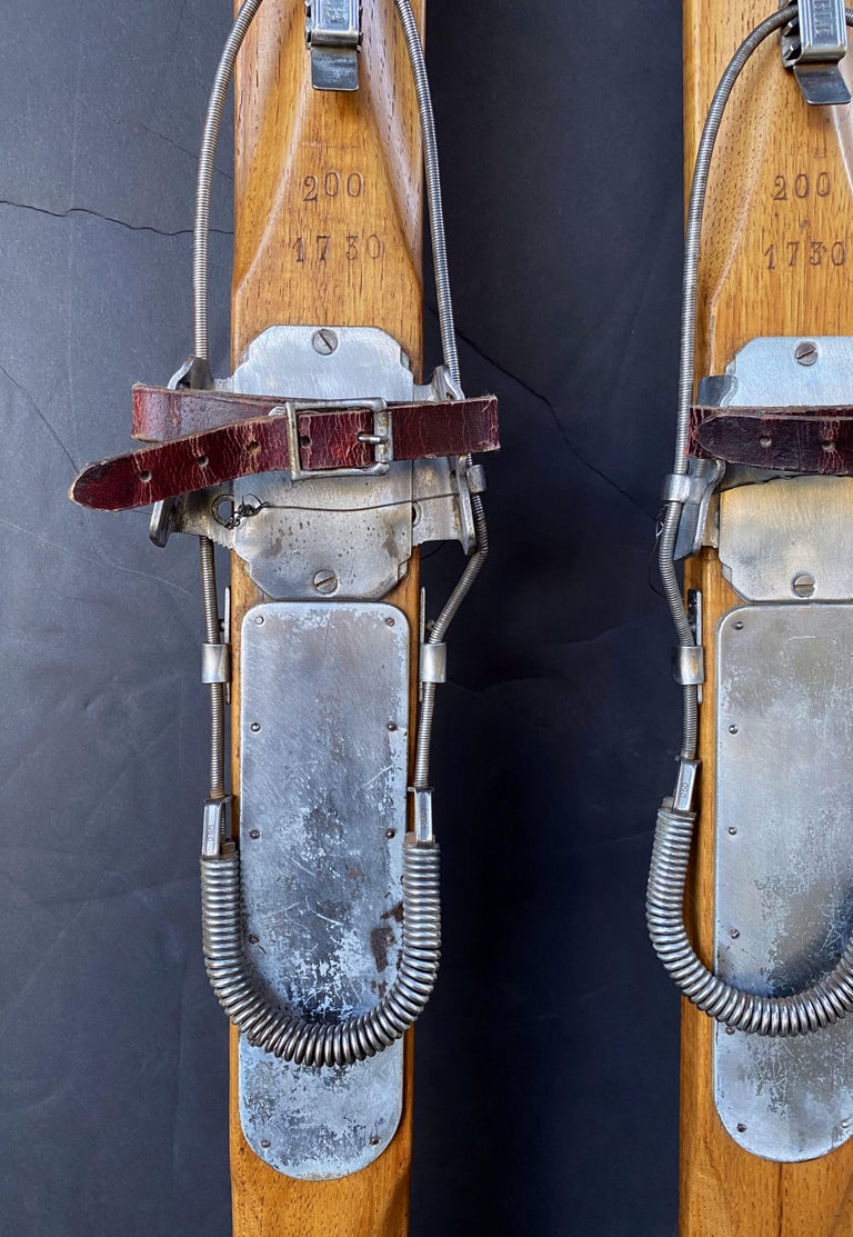 Pair of Vintage French Wooden Skis with Bamboo Skiing Poles at 1stDibs ...