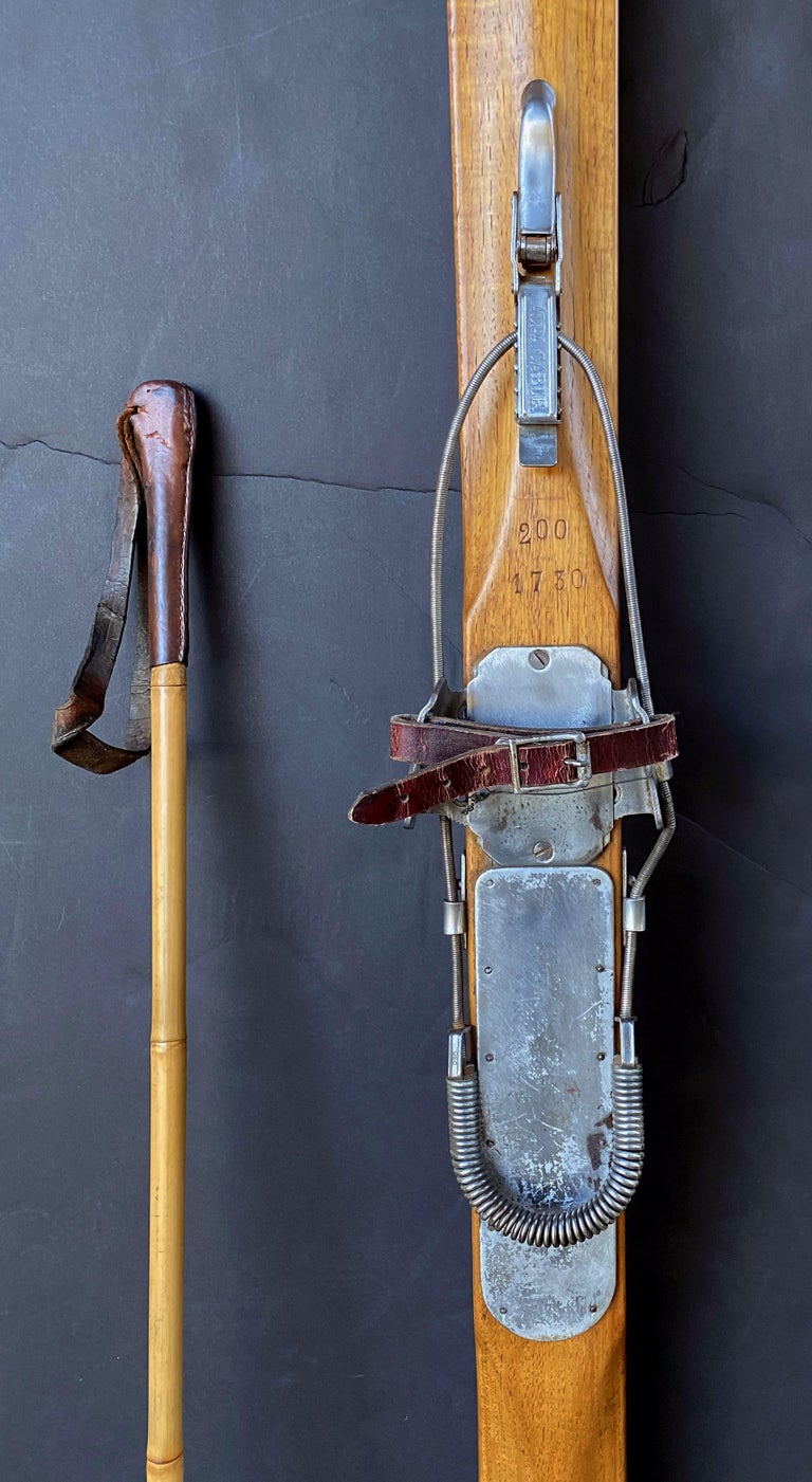 Pair of Vintage French Wooden Skis with Bamboo Skiing Poles at 1stDibs ...