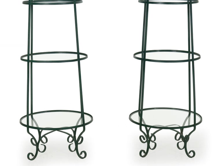 Pair of Vintage Green Painted Iron Etageres Displays with Glass Shelves ...