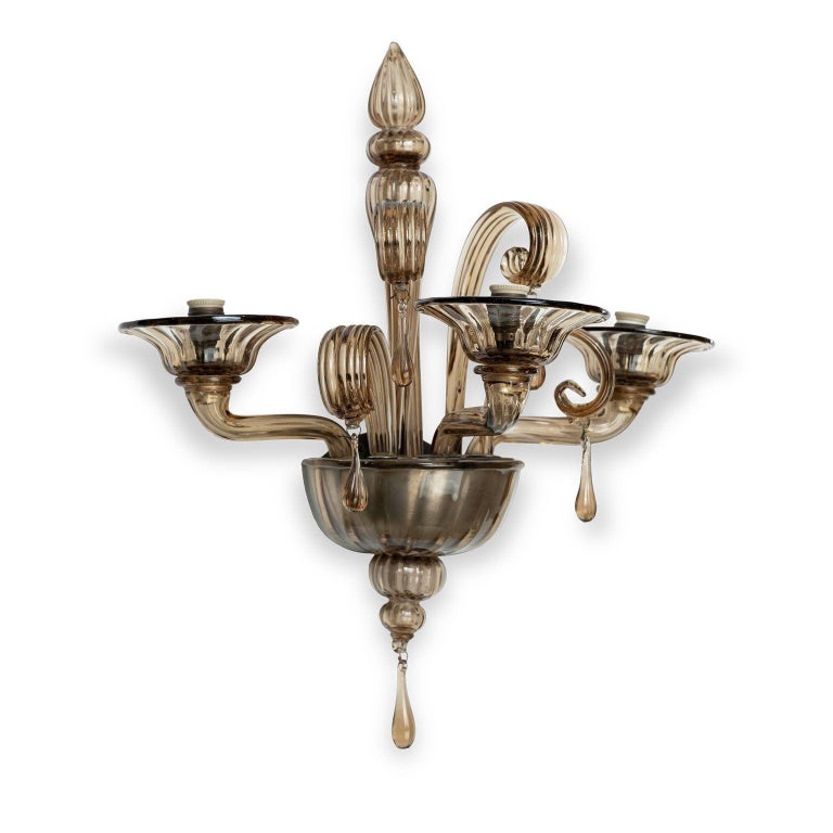 Pair of Vintage Hand-Blown Murano Clear Smoke-Colored Sconces For Sale ...