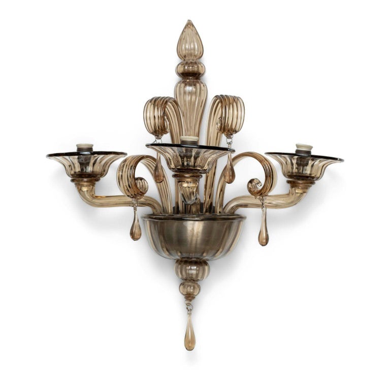 Pair of Vintage Hand-Blown Murano Clear Smoke-Colored Sconces For Sale ...