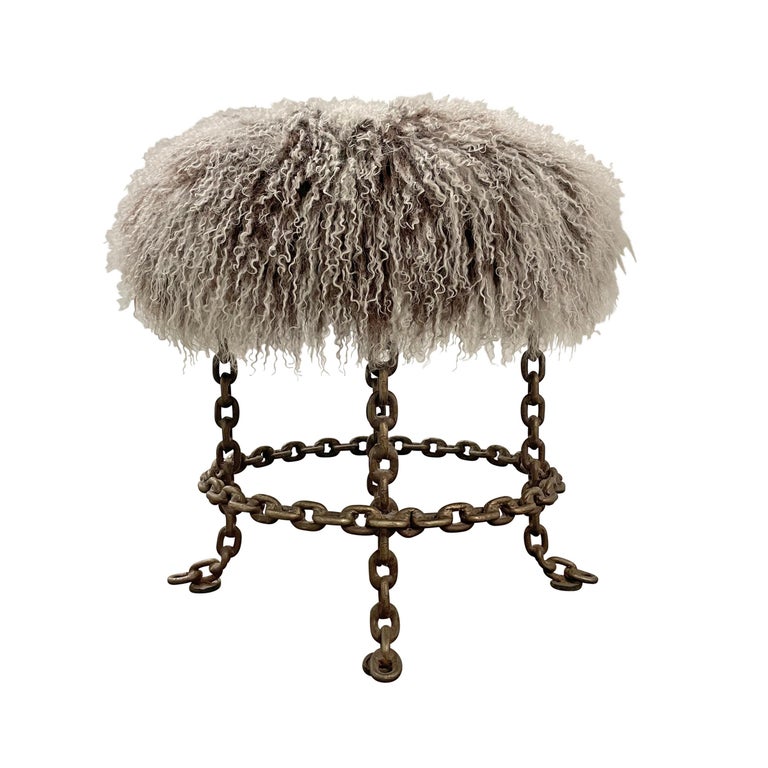 Pair of Vintage Italian Chain Stools with Mongolian Lamb Upholstered ...