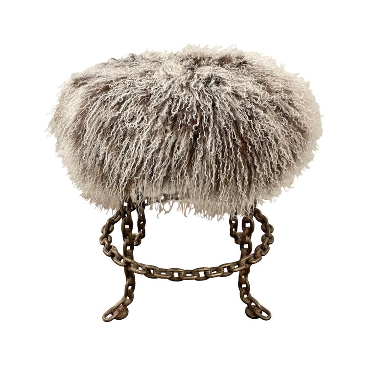 Pair of Vintage Italian Chain Stools with Mongolian Lamb Upholstered ...