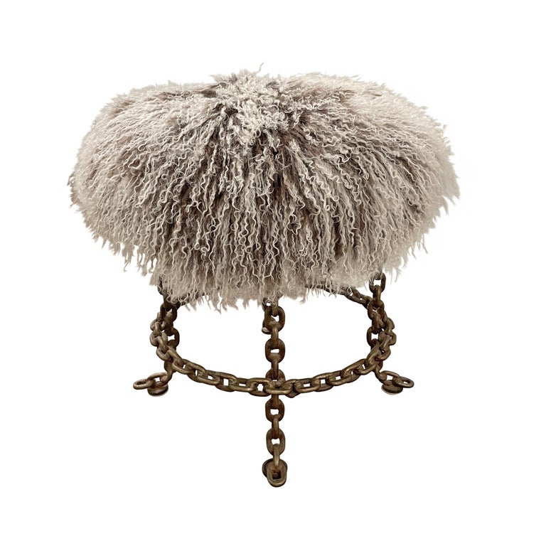 Pair of Vintage Italian Chain Stools with Mongolian Lamb Upholstered ...
