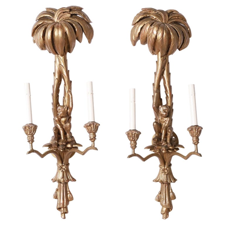 Pair of Vintage Italian Gilt Wood Palm Tree Monkey Sconces For Sale at ...