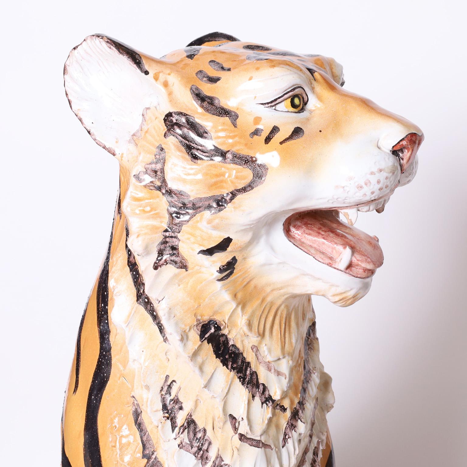 Pair of Vintage Italian Glazed Earthenware Tigers For Sale at 1stDibs