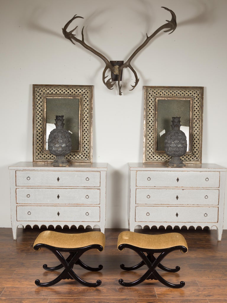 Pair of Vintage Italian Midcentury Ebonized Wood X-Form Stools with ...