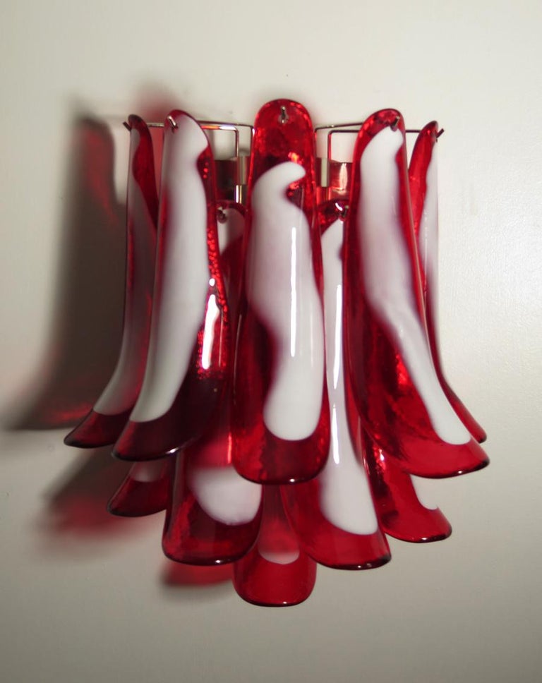 Pair of Vintage Italian Murano Wall Lights, Mazzega, 10 Red Lattimo ...