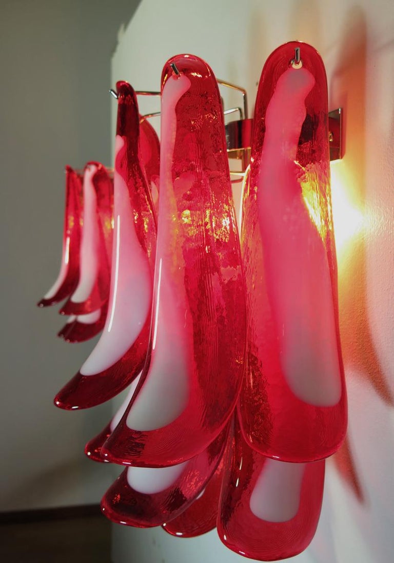 Pair of Vintage Italian Murano Wall Lights, Mazzega, 10 Red Lattimo ...