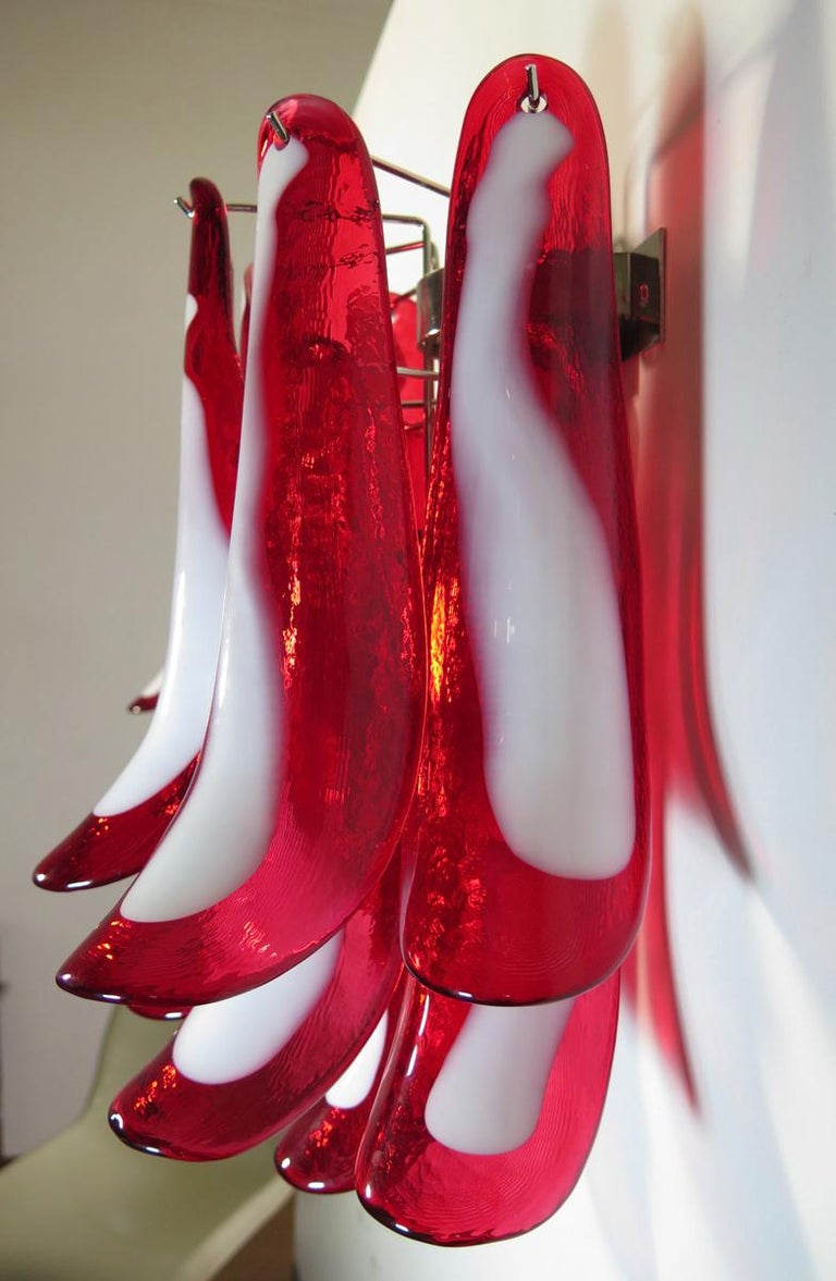Pair of Vintage Italian Murano Wall Lights, Mazzega, 10 Red Lattimo ...