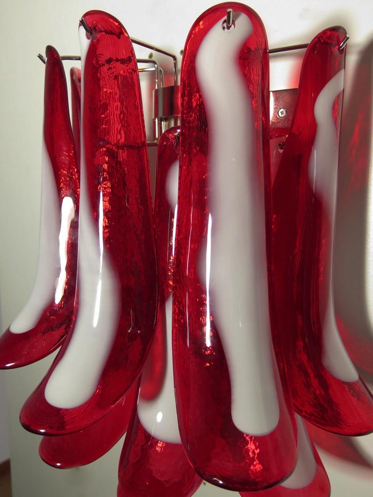 Pair of Vintage Italian Murano Wall Lights, Mazzega, 10 Red Lattimo ...