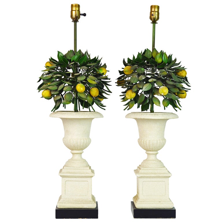 Pair of Vintage Italian Painted Tole Lemon Bush lamps in Cast Stone ...