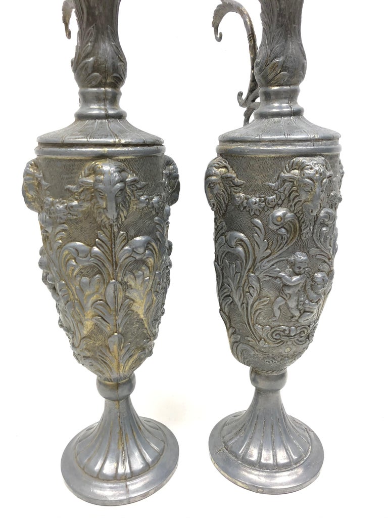 Pair of Vintage Italian Pewter Ewer with Cherub and Rams, Italy Art ...