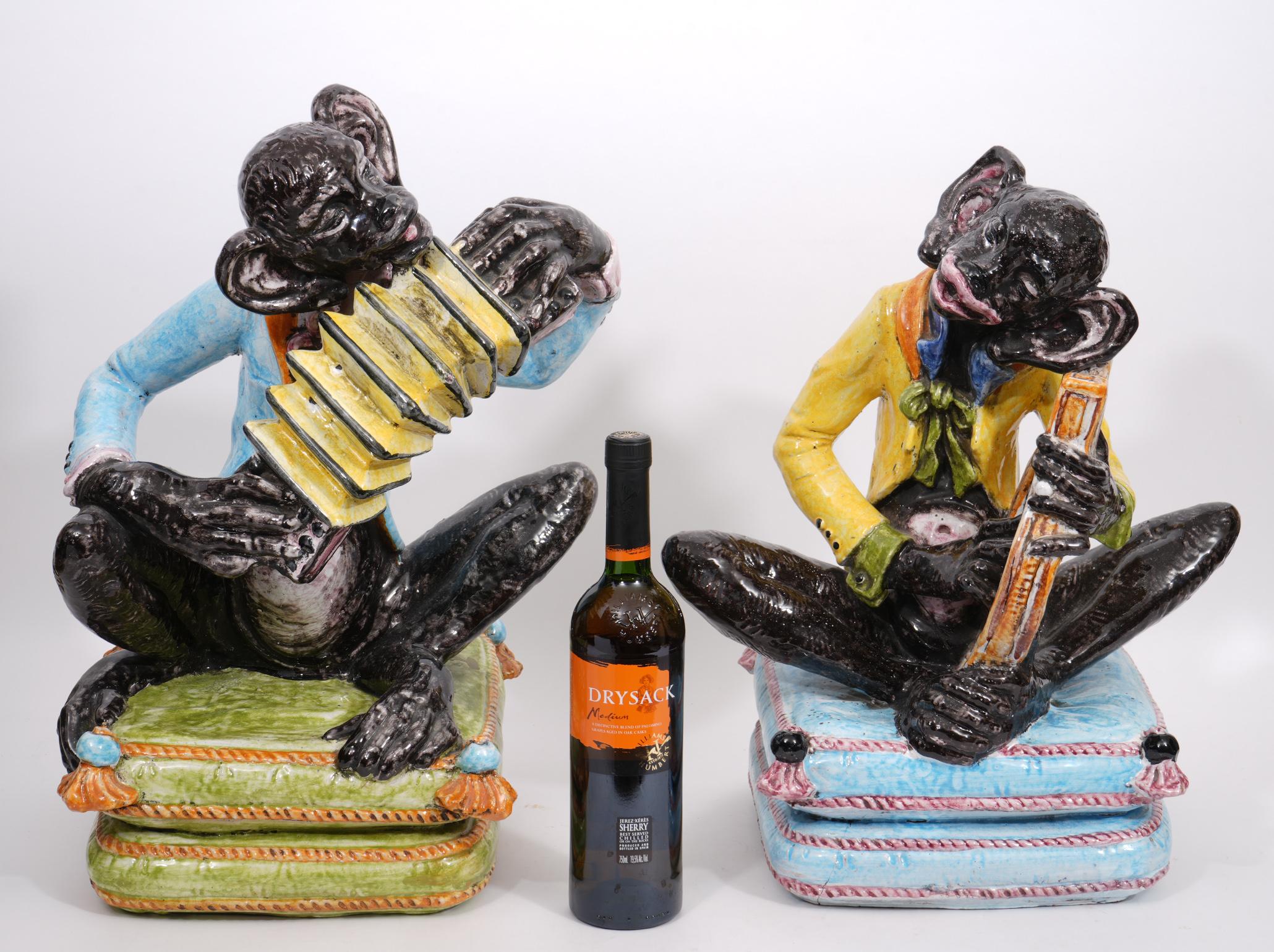 Pair of Vintage Italian Polychrome Glazed Ceramic Sculptures of Monkey ...