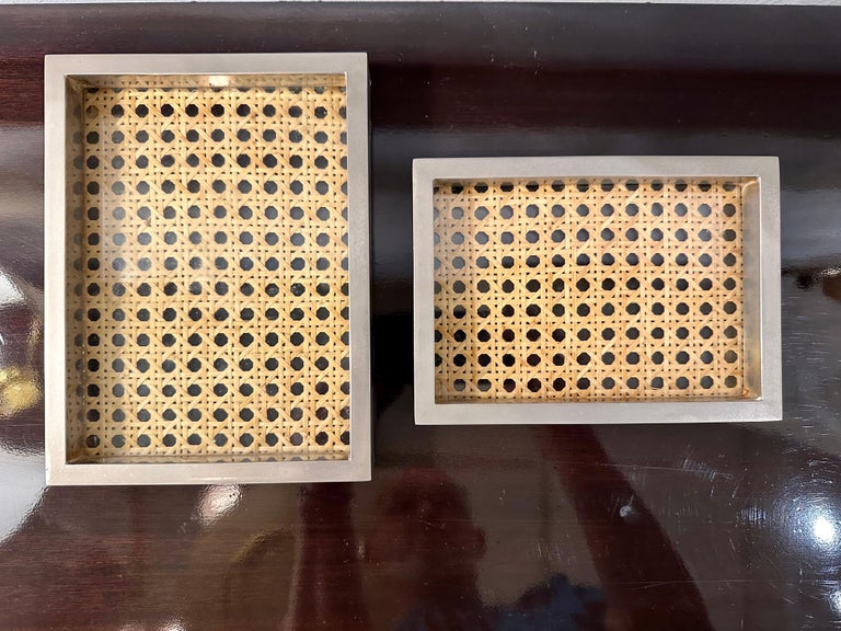 Pair of Vintage Italian Tray Boxes with Inset Wicker and Glass Base For ...