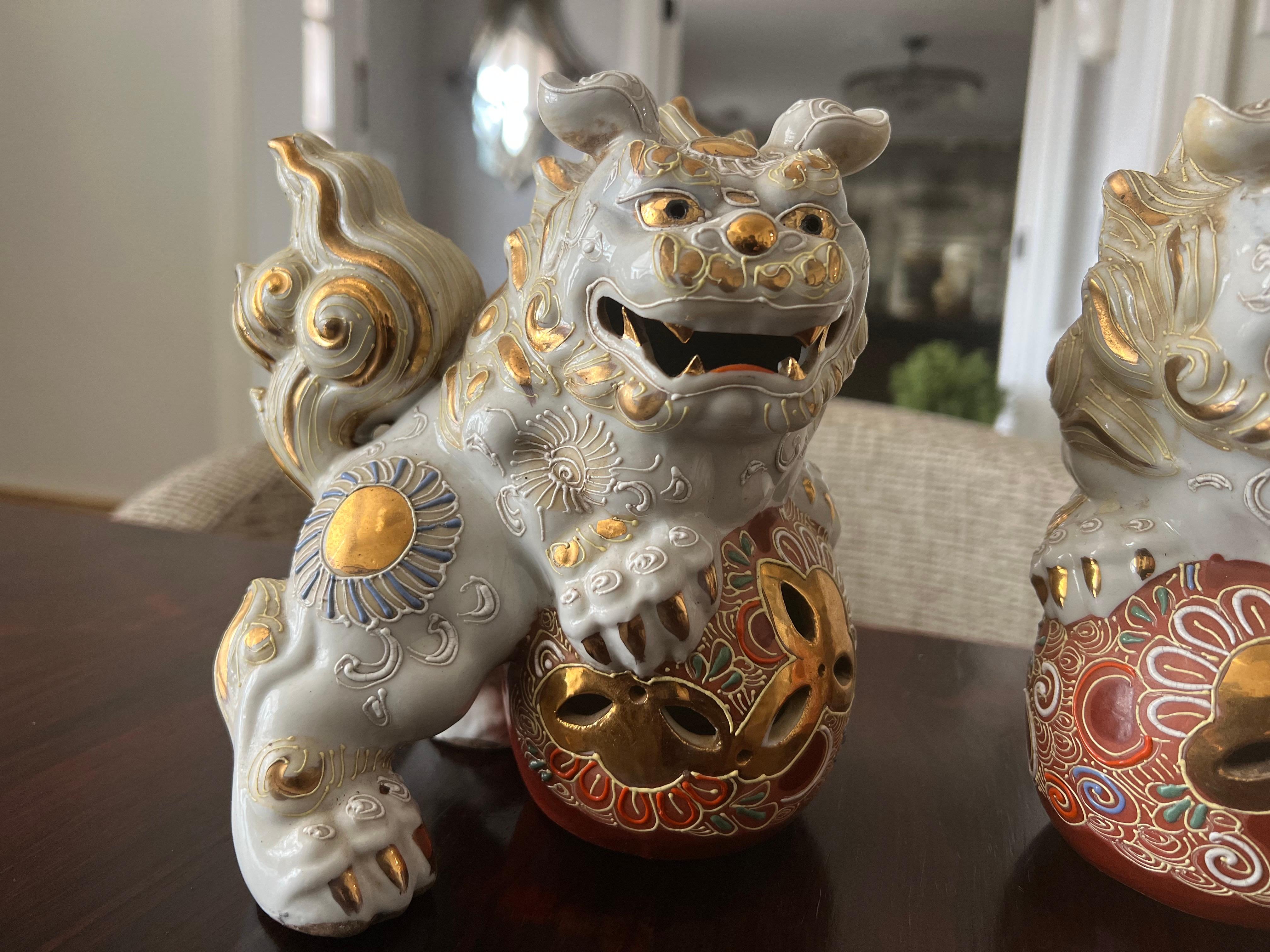 Pair of Vintage Japanese Kutani Porcelain Foo Dogs / Temple Lions For ...