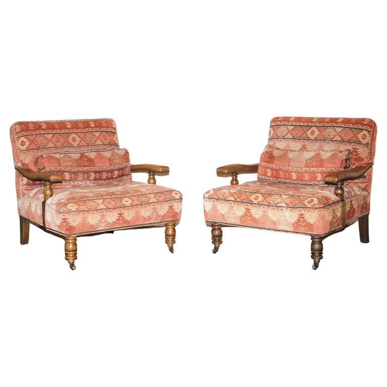 PAIR OF VINTAGE KILIM UPHOLSTERED BROWN LEATHER LiBRARY READING ...