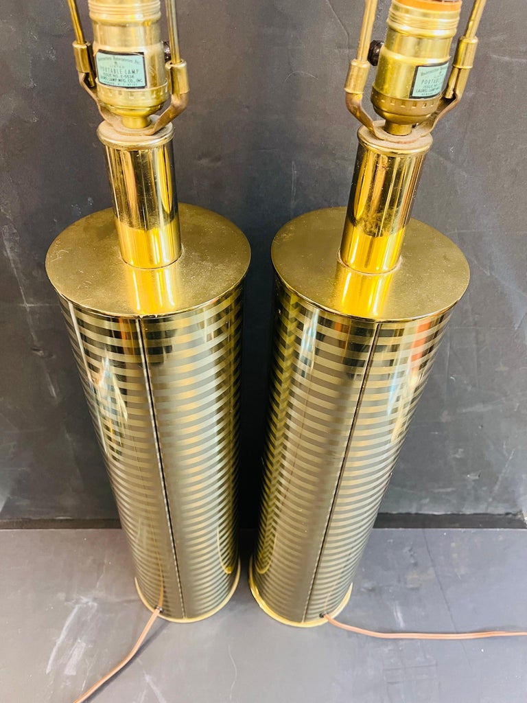 Pair of Vintage Laurel Lamp Company Striped Brassy Cylindrical Tall ...