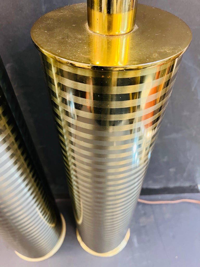 Pair of Vintage Laurel Lamp Company Striped Brassy Cylindrical Tall ...