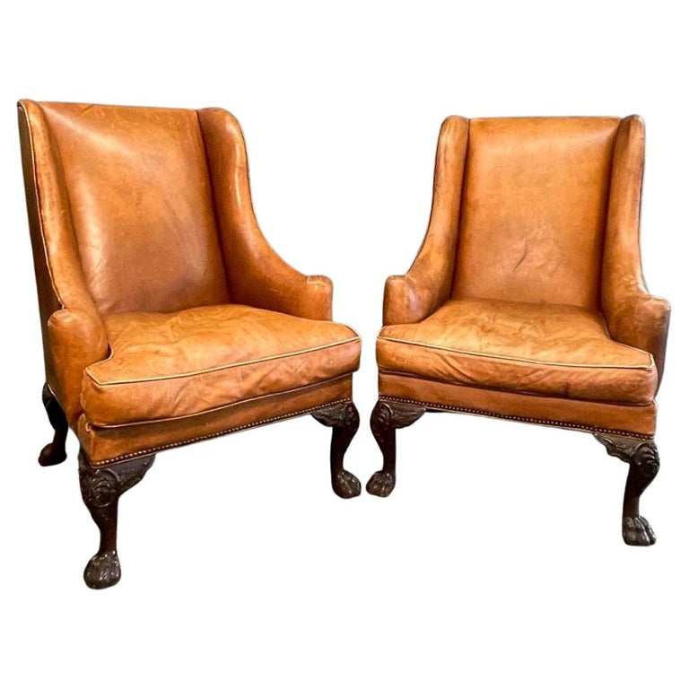 Pair of Vintage Leather and Carved Wood Chippendale Style Wingback ...
