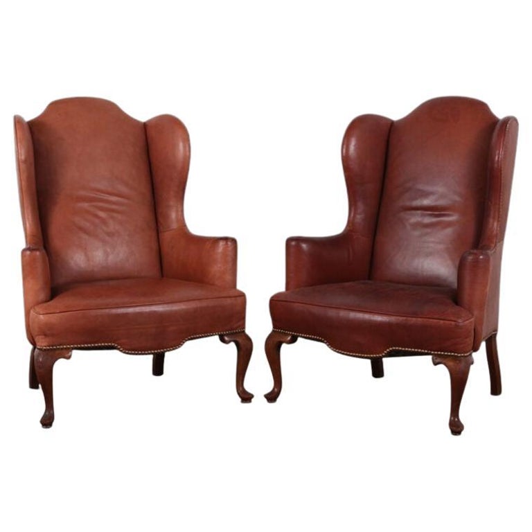 Pair of Vintage Leather Wing back Armchairs For Sale at 1stDibs