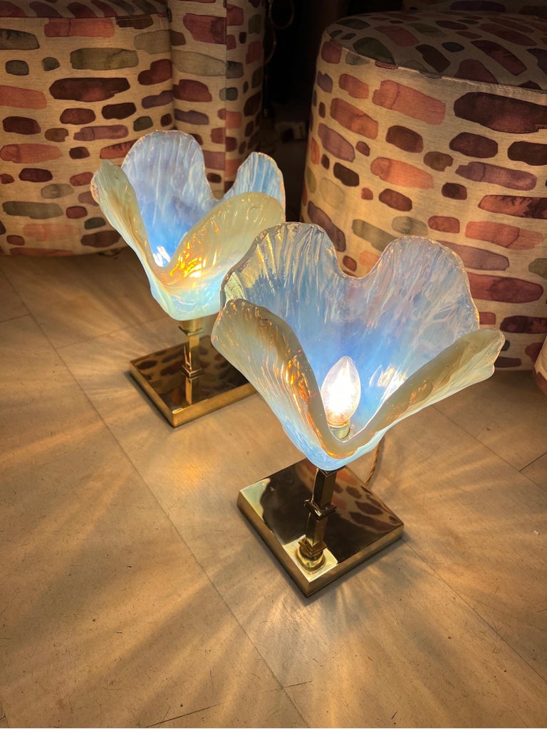 Pair of Vintage Light Blue Murano Glass Flower Table Lamps, 1950s For ...