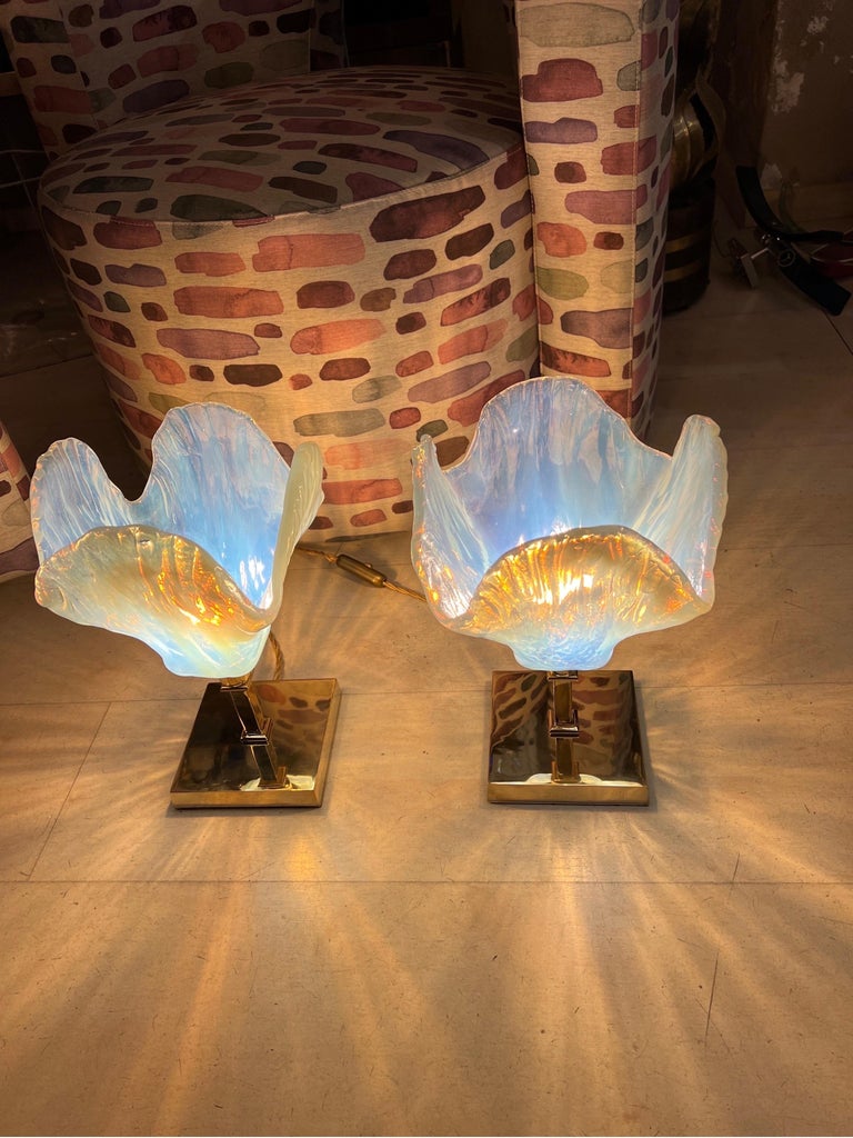 Pair of Vintage Light Blue Murano Glass Flower Table Lamps, 1950s For ...