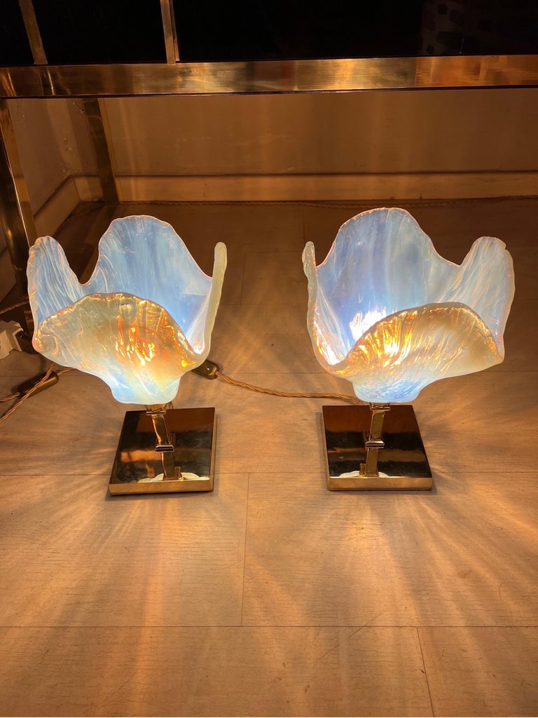 Pair of Vintage Light Blue Murano Glass Flower Table Lamps, 1950s For ...