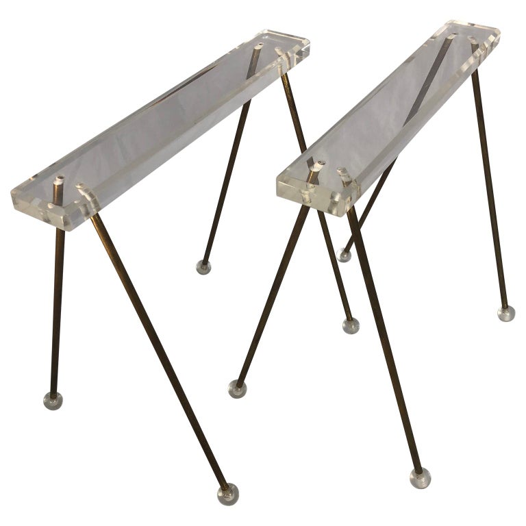 Pair Of Vintage Mid-Century Modern Brass And Lucite Stands Or Tray ...