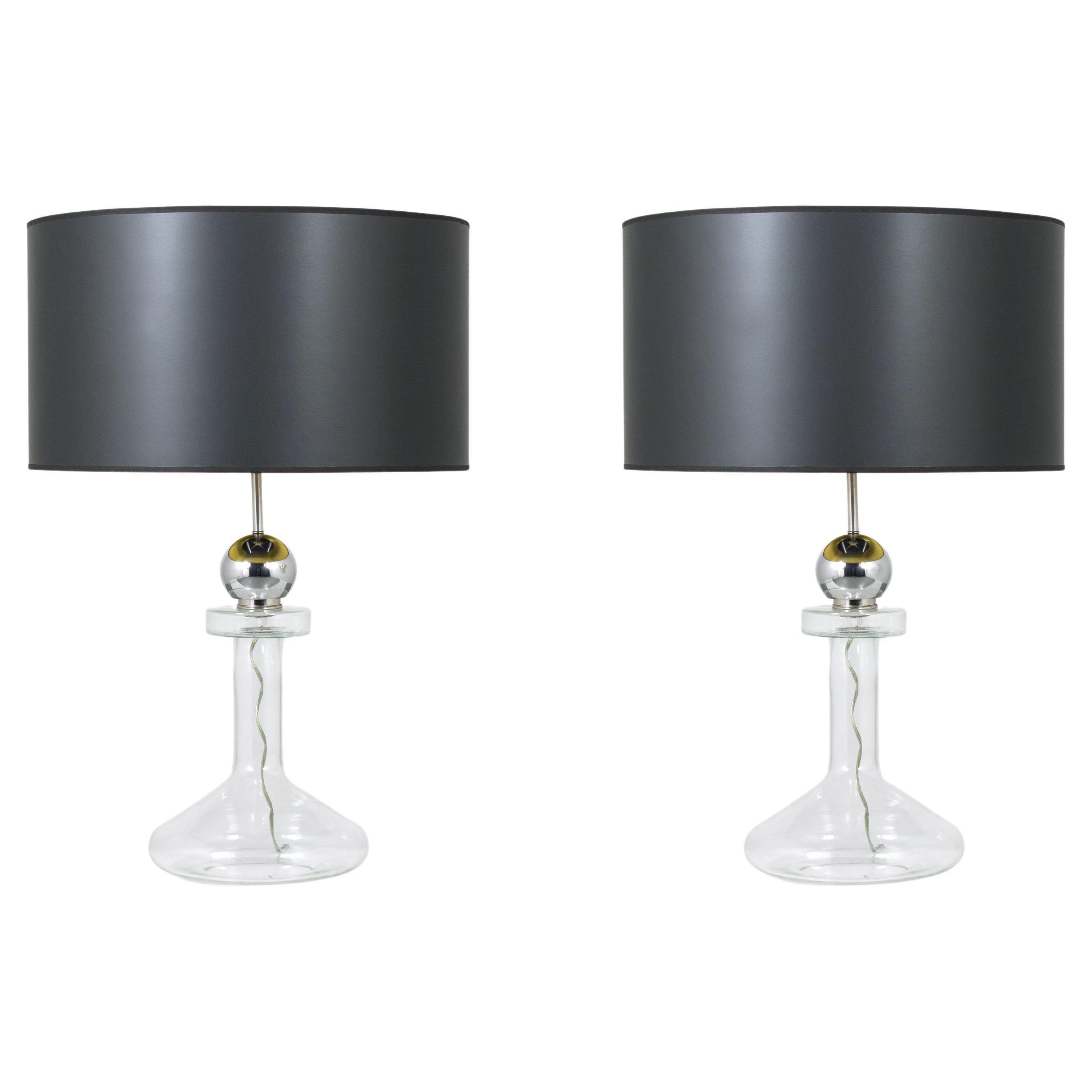 Pair of Mid-Century Modern Chrome and Slag Glass Table Lamps, Art Deco ...