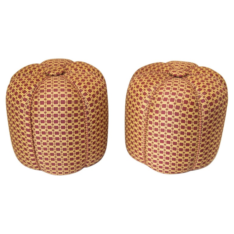 Pair of Vintage Moroccan Poufs Upholstered Round Stools For Sale at 1stDibs