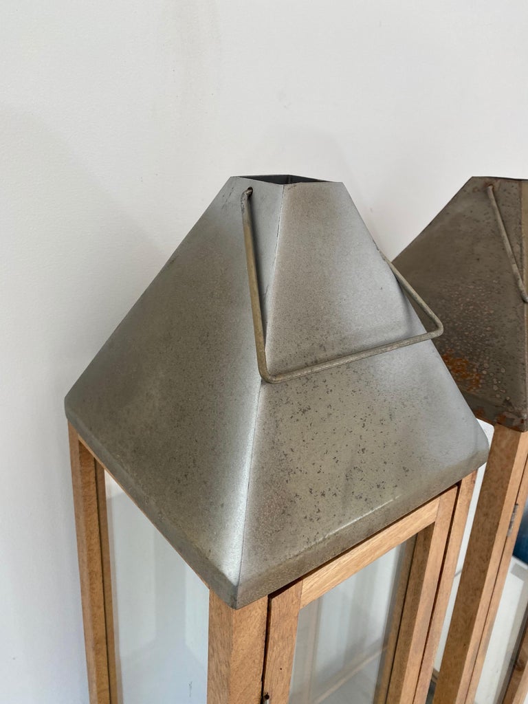 Pair of Vintage Oak Lanterns For Sale at 1stDibs