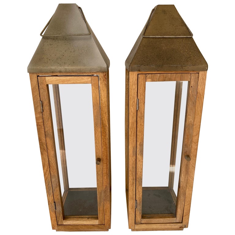 Pair of Vintage Oak Lanterns For Sale at 1stDibs