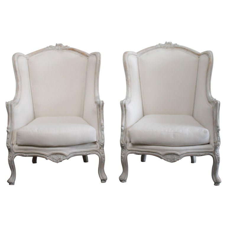 Pair of Vintage Painted French Style Wing Back Bergere Chairs at 1stDibs