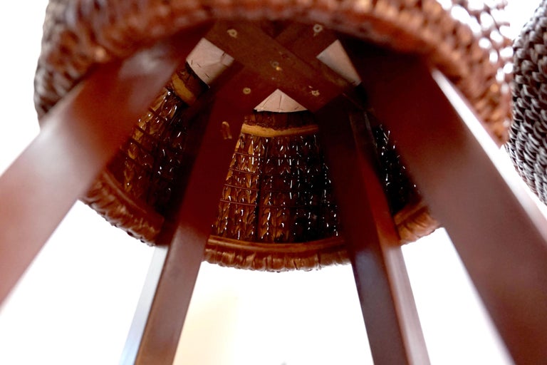 Pair of Vintage Palecek Brown Leather and Rattan Wood Bar Stools For ...