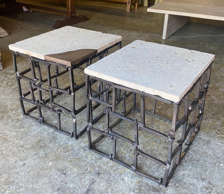 Pair of Vintage Railroad Spike Tables with Stone and Bronze Tops For ...